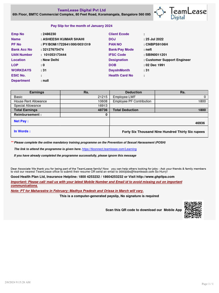 Payslip 2024 JAN | PDF
