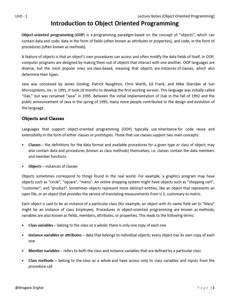 Object Oriented Programming (Java) Lecture Notes Unit 1 | PDF | Java ... Object Oriented Programming (Java) Lecture Notes Unit 1 | PDF | Java ...