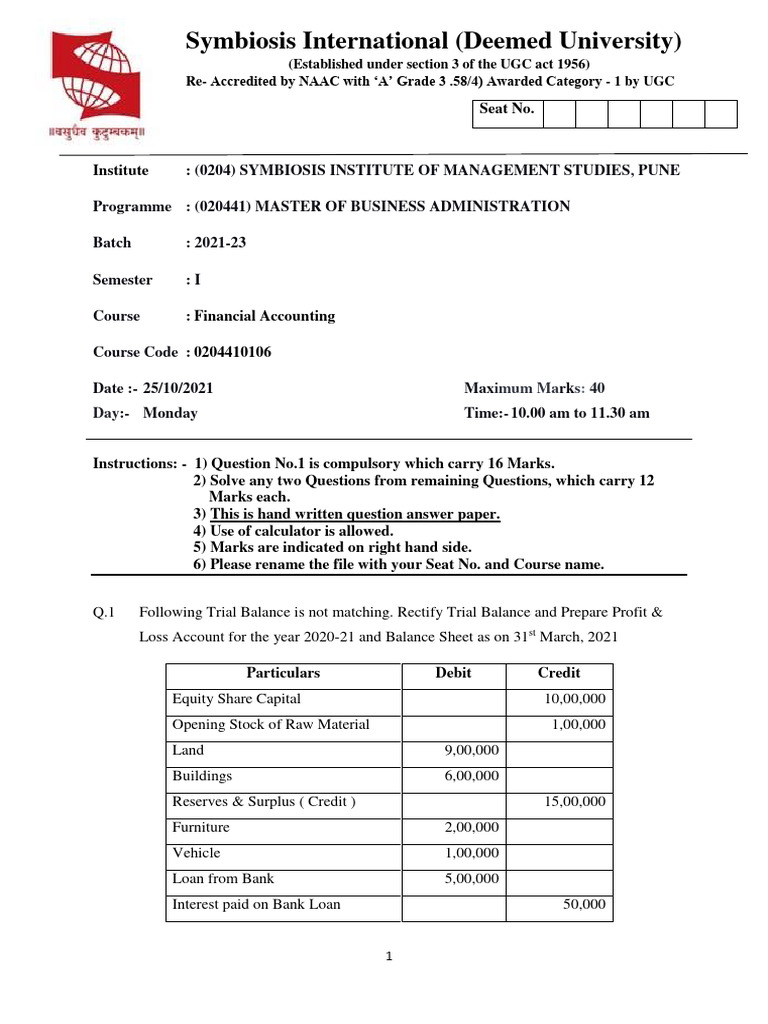 Financial Accounting Exam Paper | PDF | Debits And Credits | Expense