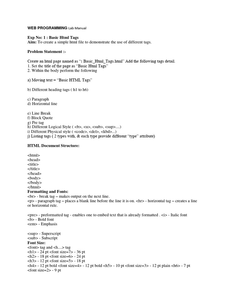 Web Programming Lab Manual | PDF | Html Element | Html