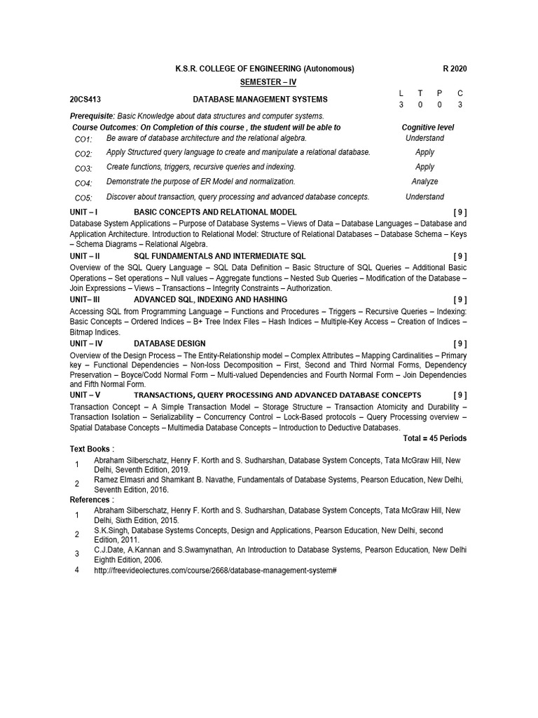 20cs413 Database Management Systems Pdf Relational Database Database Index