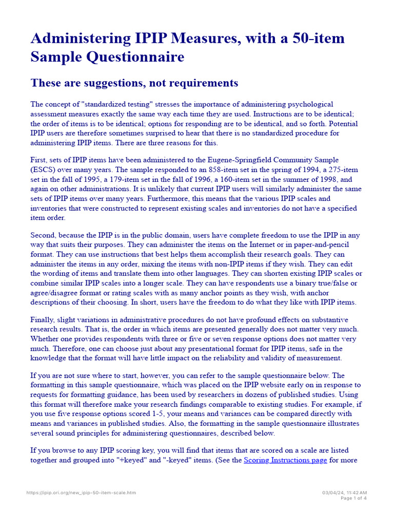 Administering Ipip Measures With A 50 Item Sample Questionnaire Pdf