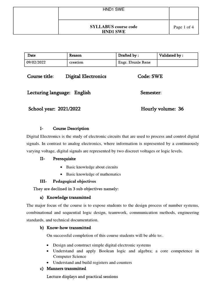 Digital Electronics Course Syllabus | PDF | Digital Electronics ...