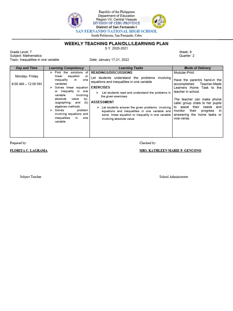 Q2-WEEK 9 - Weekly-Teaching-Plan | PDF | Equations | Mathematical Concepts