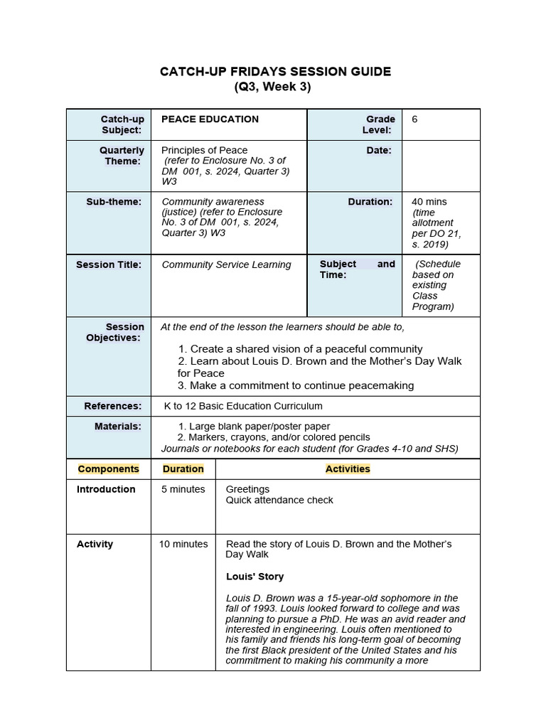 Catch-Up Fridays Session Guide (Q3, Week 3) : Catch-Up Subject: Peace Education Grade Level ...
