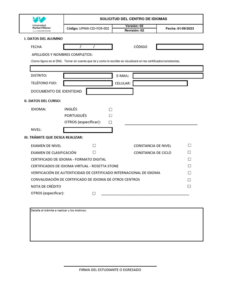 UPNW-CDI-FOR-002-Solicitud Del Centro de Idiomas | PDF