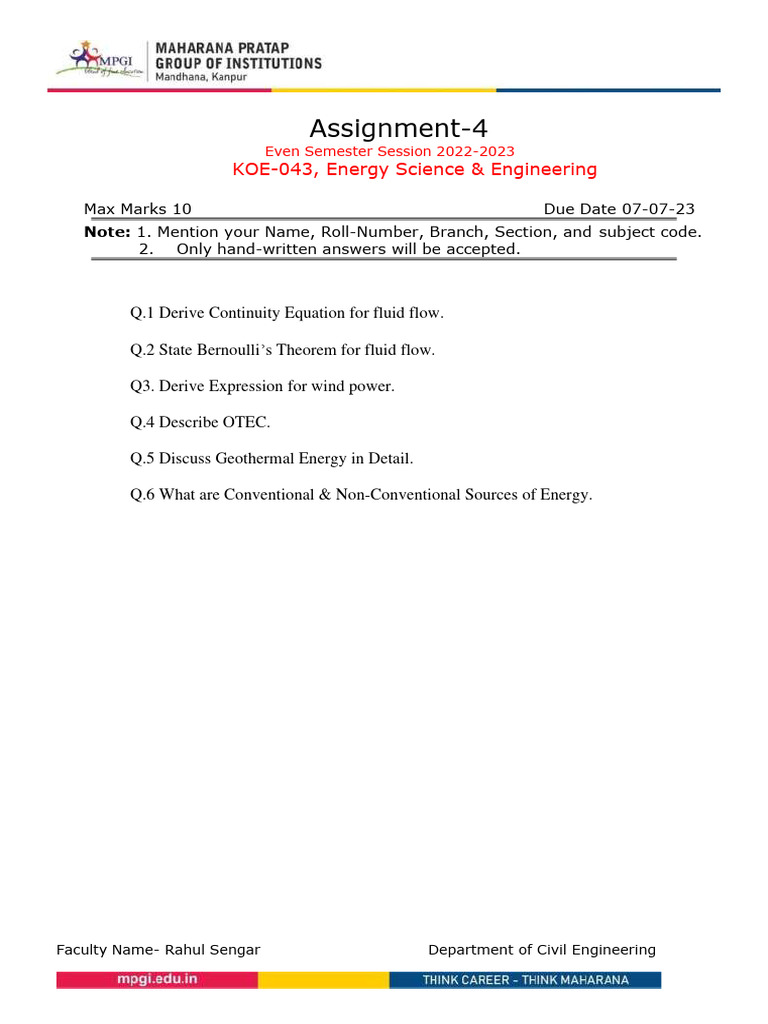 Assignment No. 4 (Energy Science & Engineering) KOE-043 | PDF