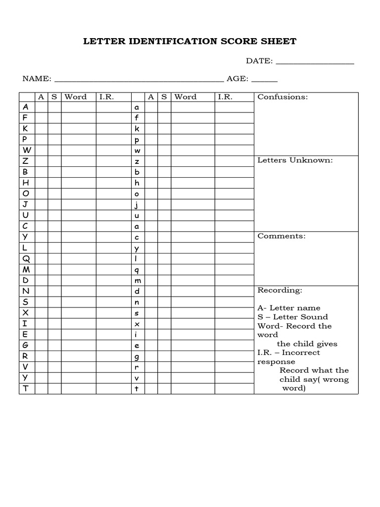 Letter Identification Assessment Sheet | PDF