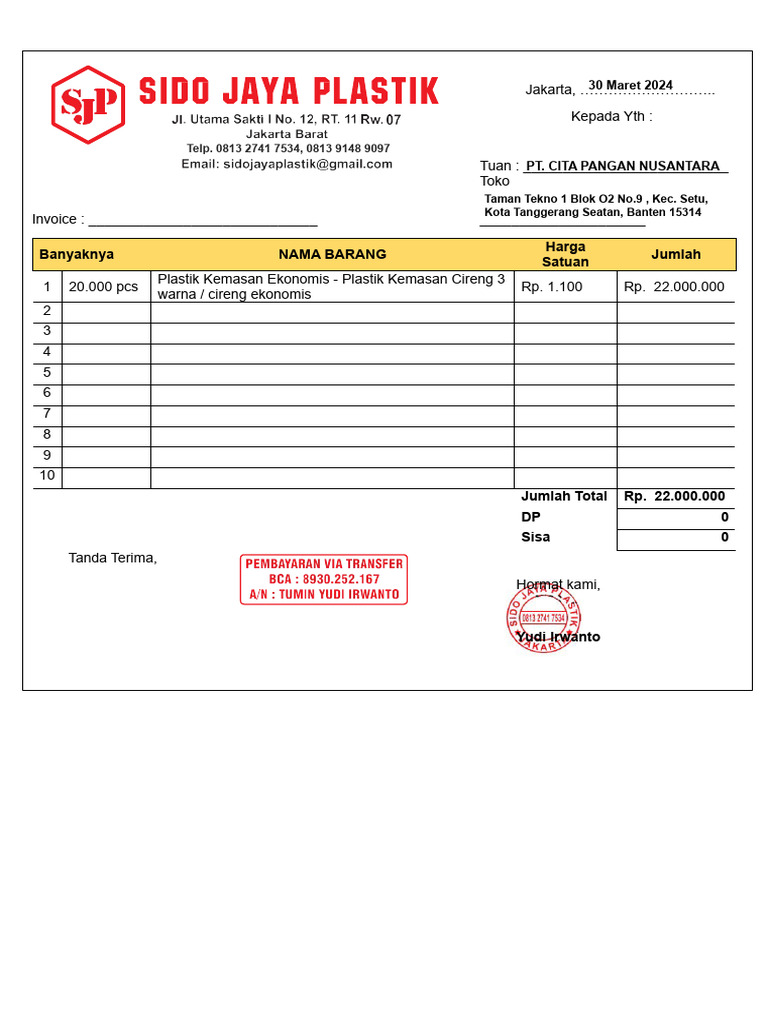 Nota Penjualan Toko Plastik | PDF