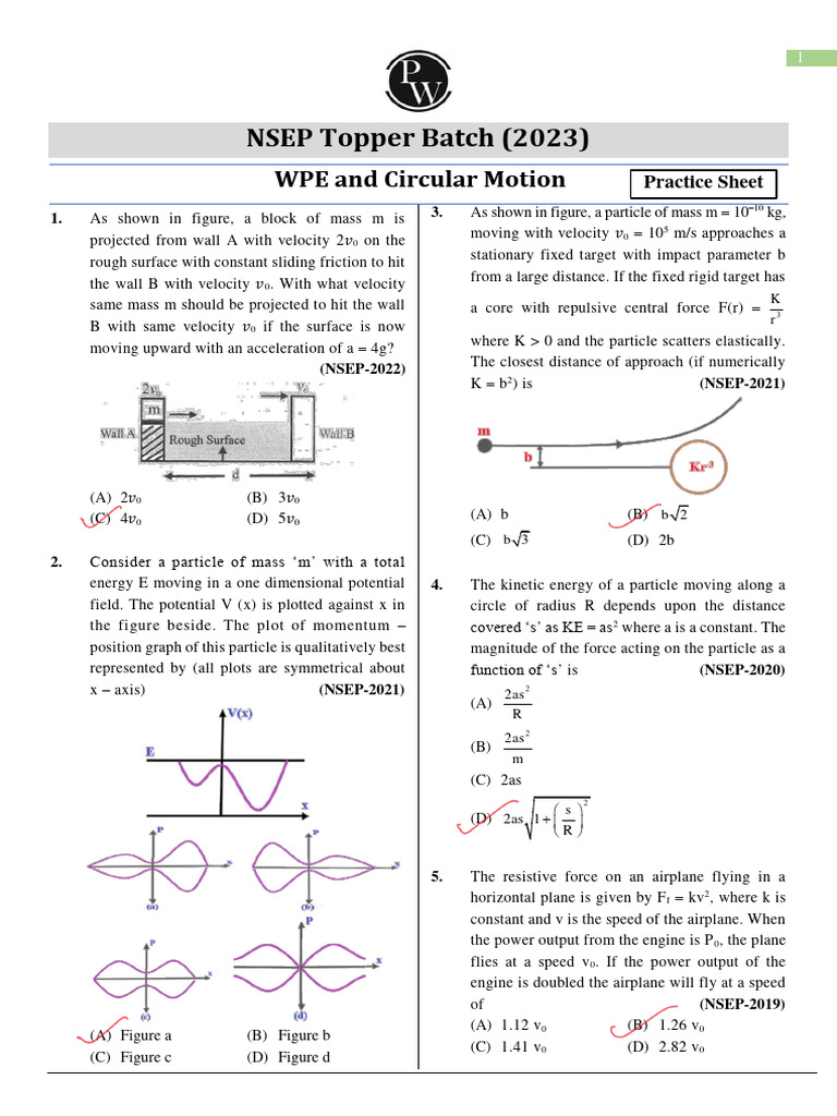 Ps-01 - Physics - Wpe and Circular Motion - Nsep Topper Batch - 2023 | PDF | Force | Velocity