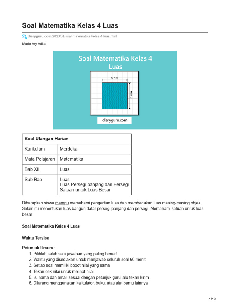 Soal Matematika Kelas 4 Luas | PDF