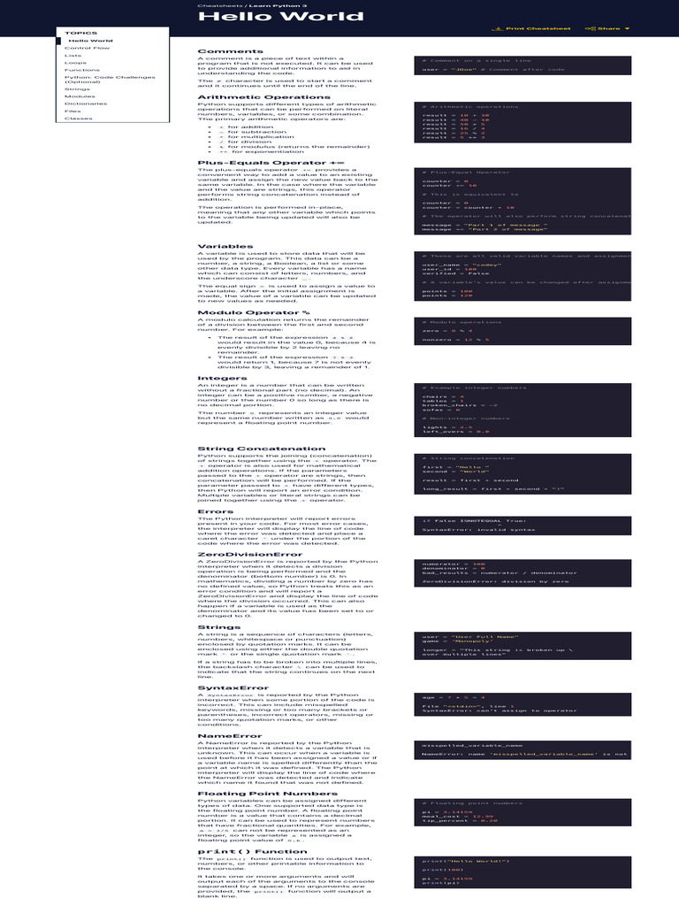 Learn Python 3 Hello World Cheatsheet Codecademy Pdf Numbers String Computer Science 