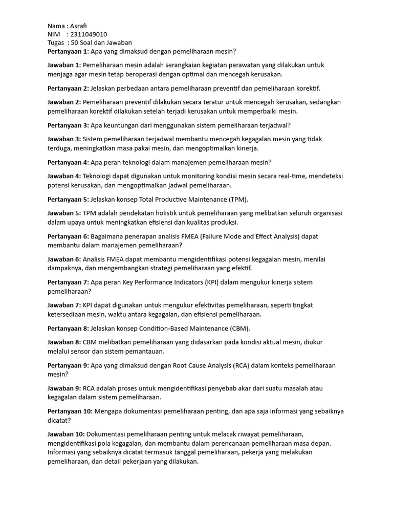 50 Soal Pemeliharaan Mesin | PDF