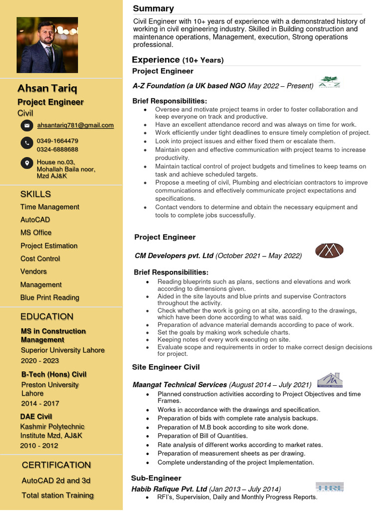 CV Project Engineer | Download Free PDF | General Contractor | Business
