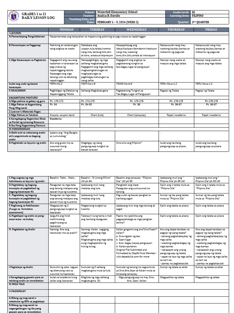 DLL - Filipino 3 - Q3 - W2 | PDF