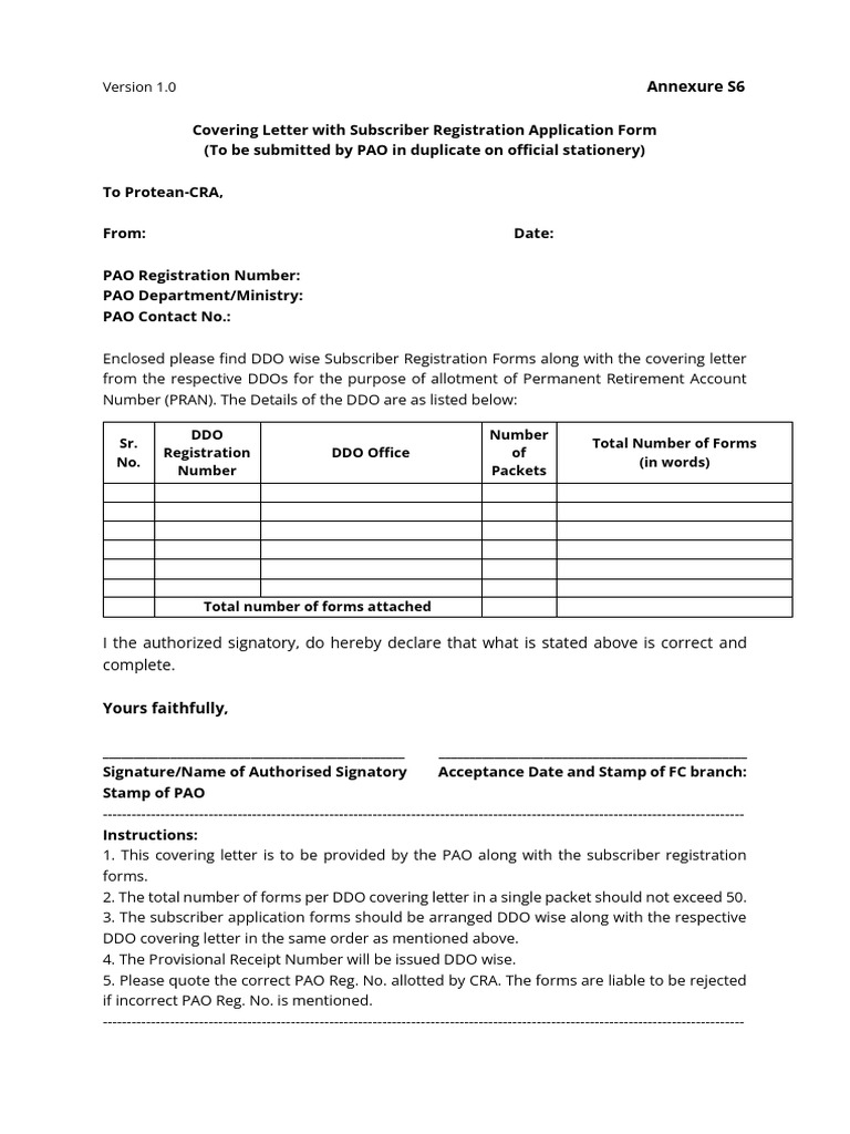 S6 PAO Covering Letter For Subscriber Registration1 | PDF | Finance ...