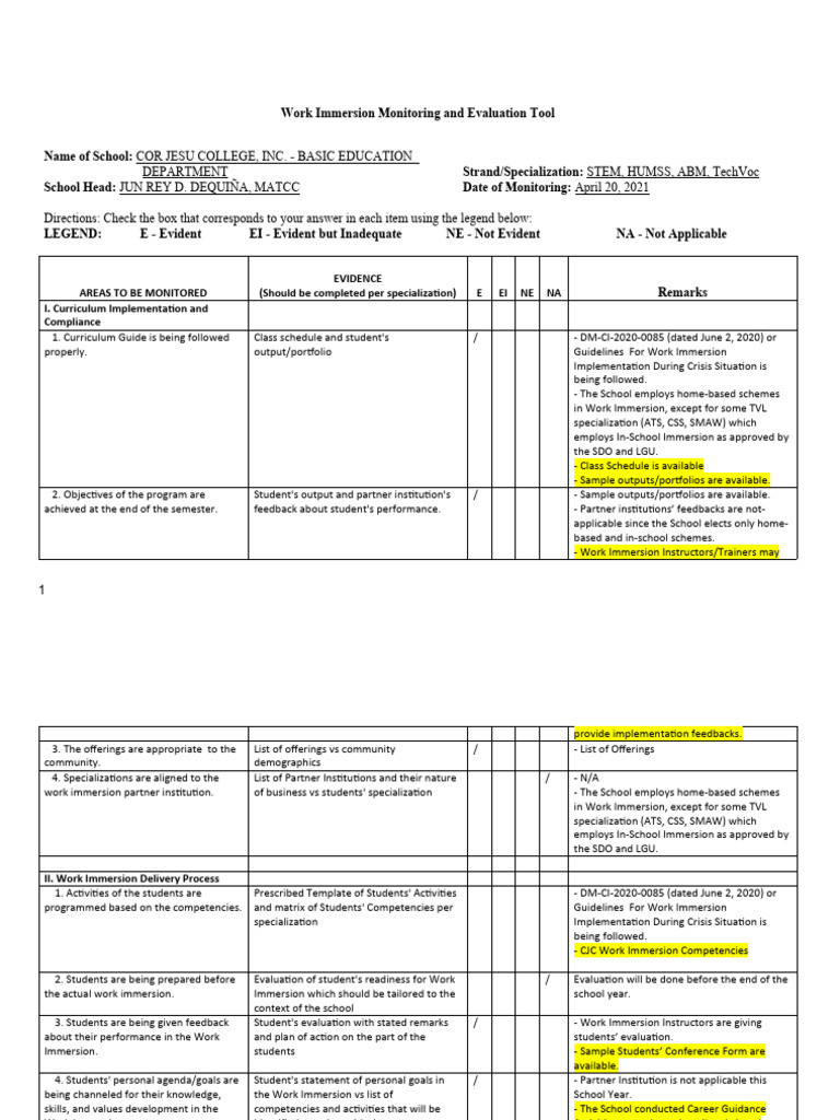 Work Immersion Monitoring and Evaluation Tool | PDF