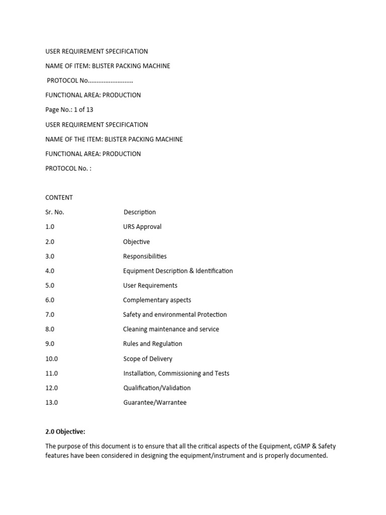 URS For Blister Machine | PDF | Specification (Technical Standard ...