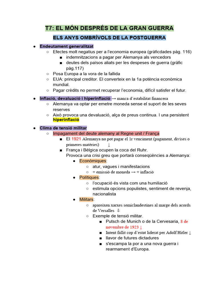 Apunts Classe Hist T7 El Món Després de La Gran Guerra | PDF
