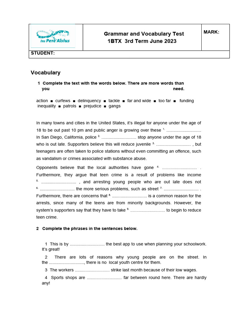Grammar & Vocabulary Test June 2023 | PDF | Juvenile Delinquency