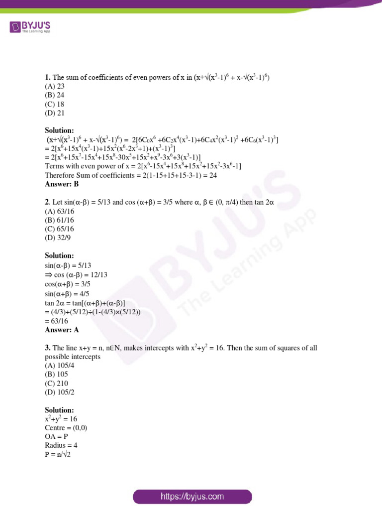 JEE Main 2019 Paper With Solutions Maths April | PDF | Mathematical ...