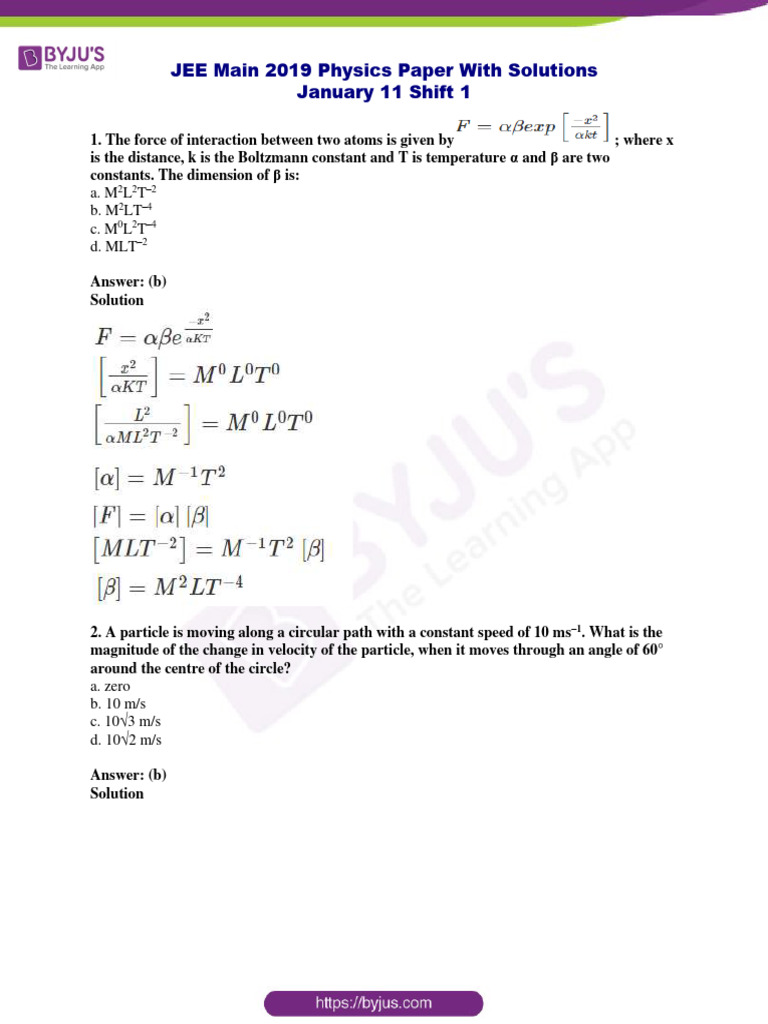 Jee Main 2019 Question Paper Physics January 11 Shift 1 | Download Free ...