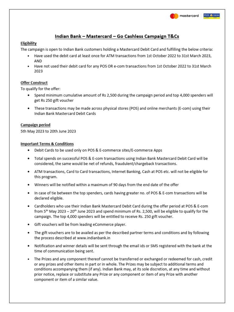 Indian Bank Mastercard Offer | PDF | Debit Card | Legal Liability