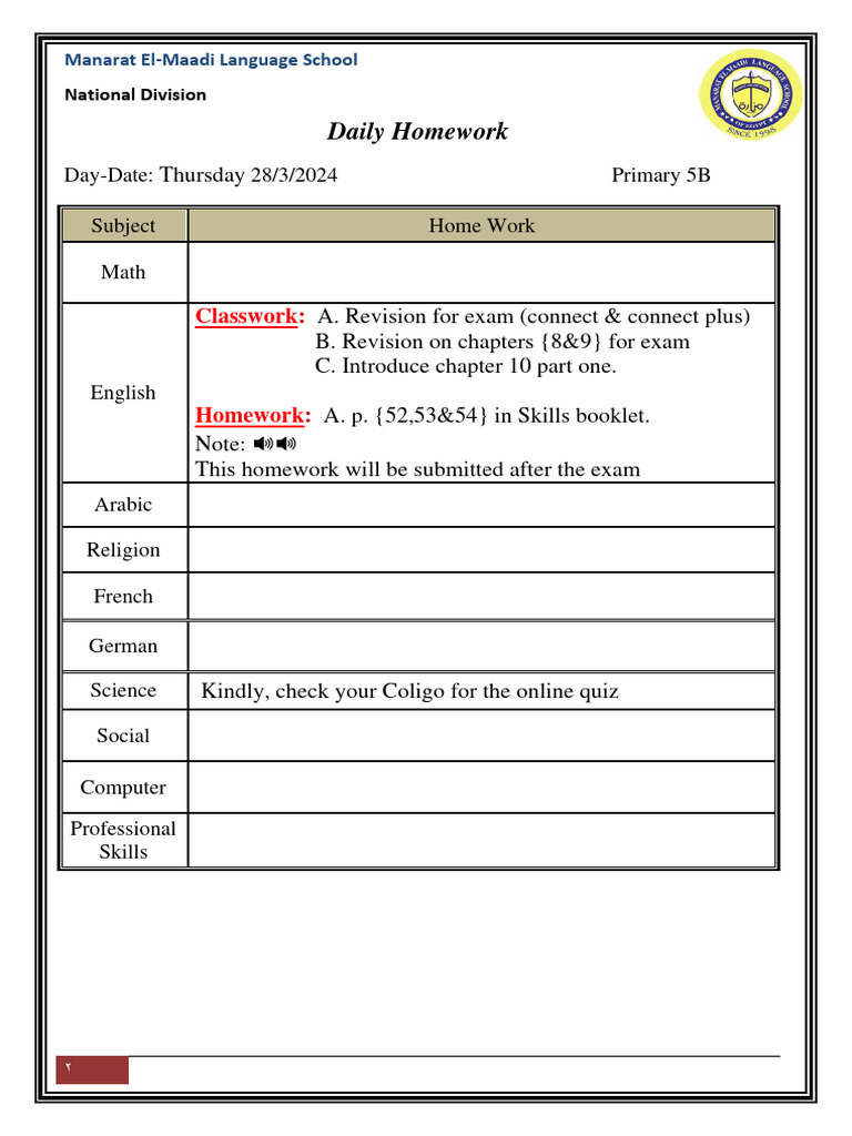 Daily Homework: Classwork | PDF