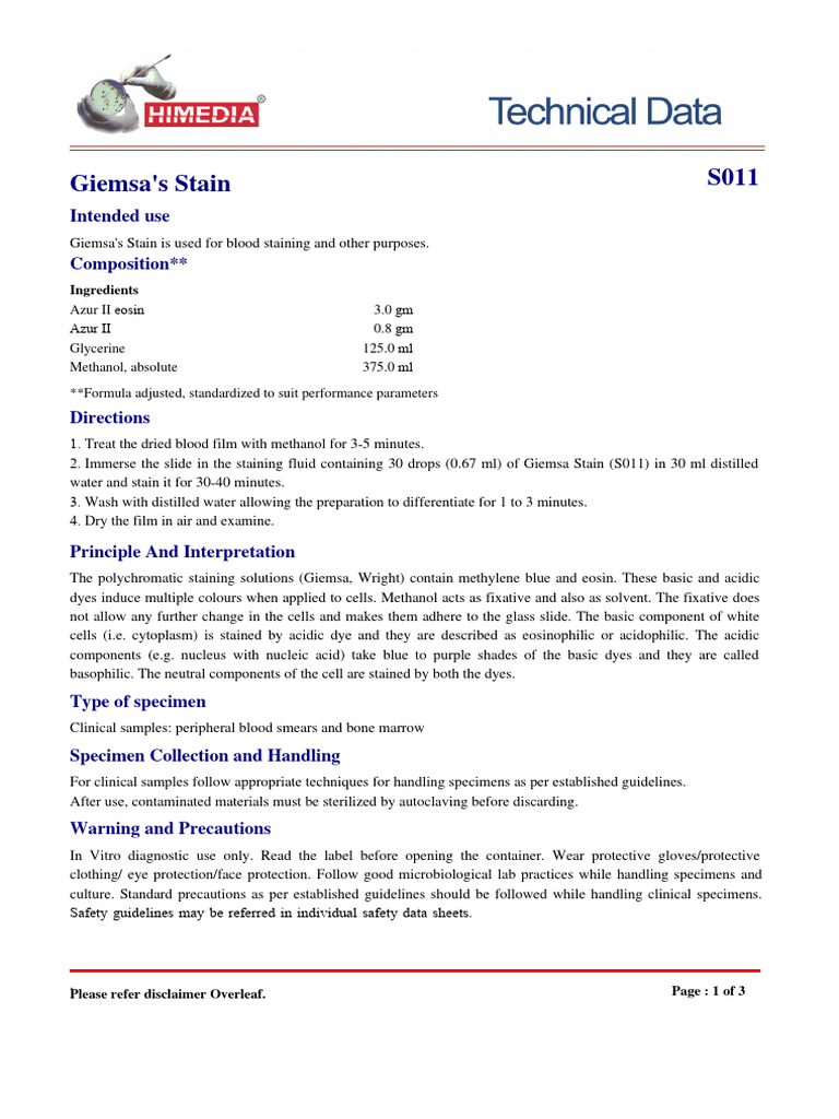 S011 Giemsa's Stain: Intended Use | PDF | Staining | Biology