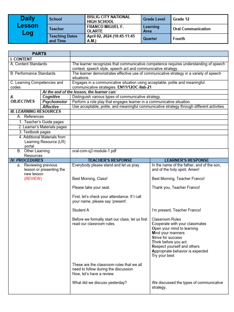 Grade 12 Oral Communication Lesson Plan | PDF | Learning | Communication