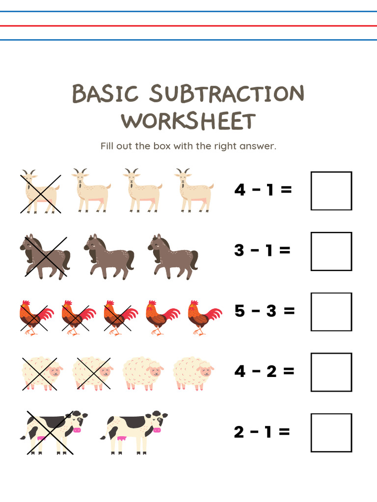 Colorful Cute Animal Basic Subtraction Worksheet | PDF