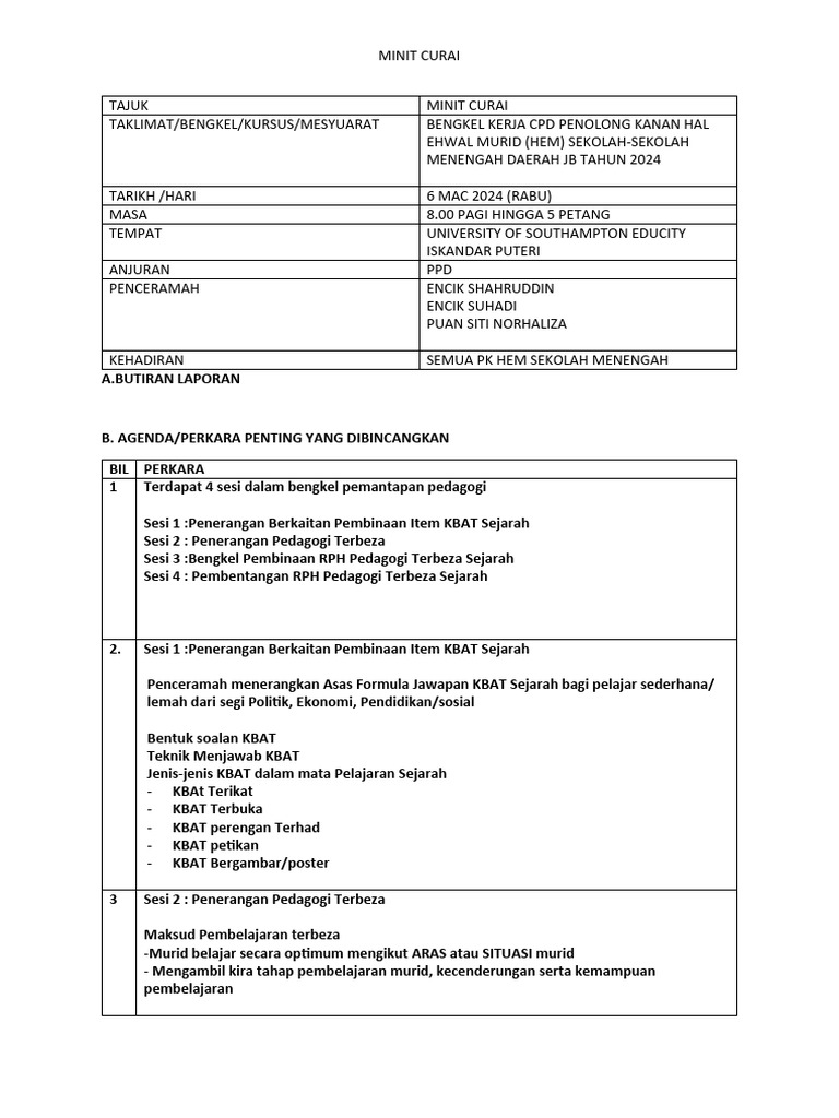 Minit Curai Bengkel Kerja PK HEM 2024 | PDF