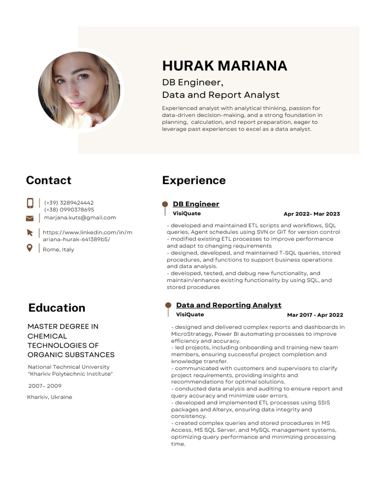 CV - Mariana Hurak-1-2-1 | Download Free PDF | Data Analysis | Microsoft Sql Server