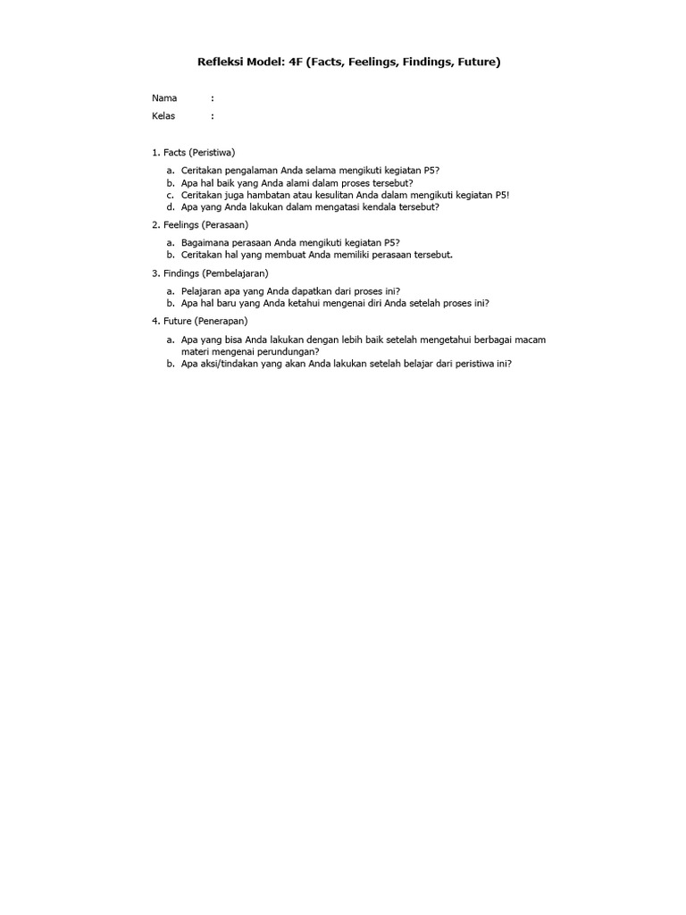 Refleksi Kegiatan P5: Model 4F | PDF | Karier & Perkembangan ...