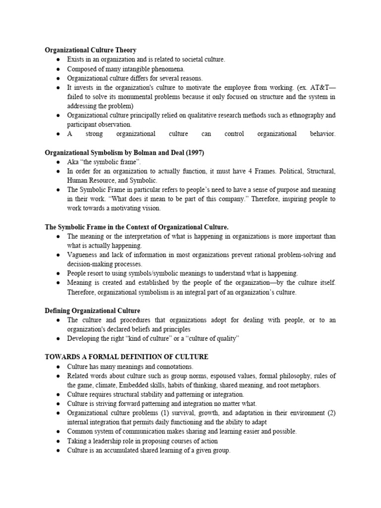 Organizational Culture Theory 2nd Sem Midterm and Finals | PDF ...