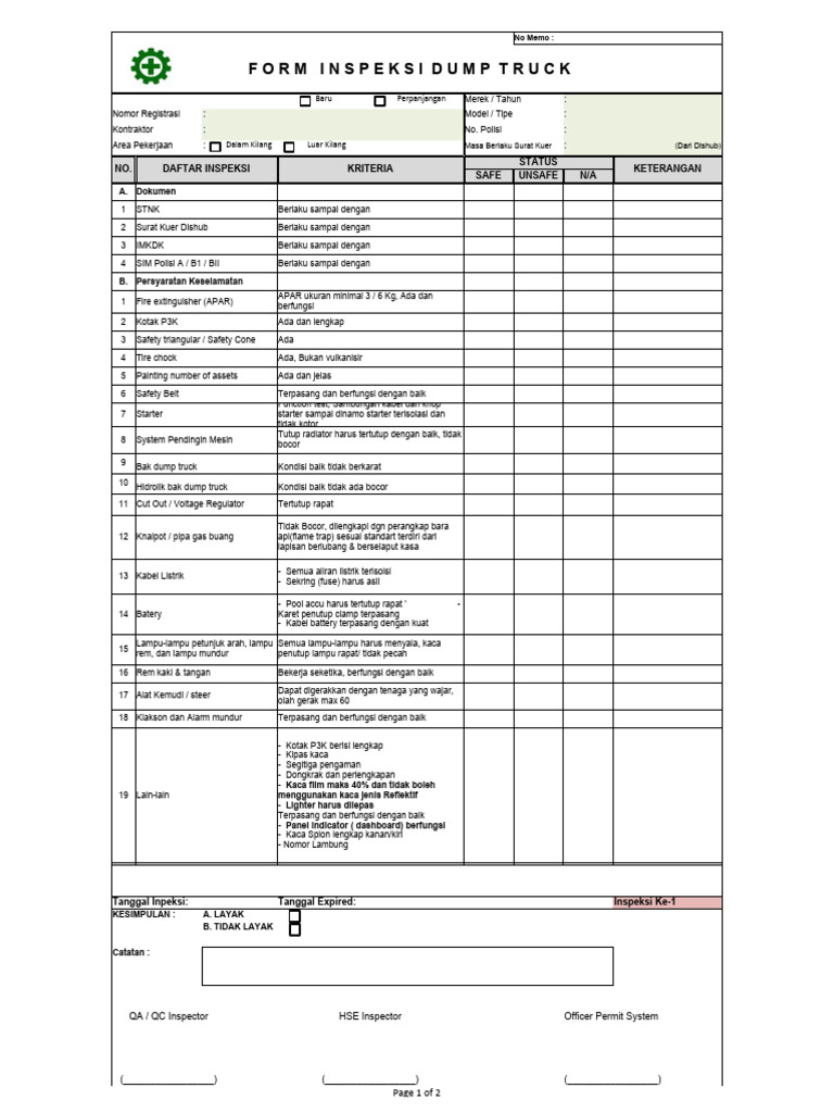 Form 053 Inspeksi Kendaraan - Dump Truck | PDF