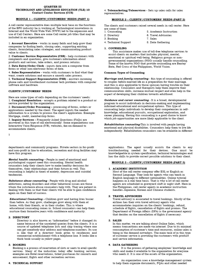Q3 TLE10 CCS Information Sheet Modules 1-18-01.31.24 | PDF | Nonverbal ...