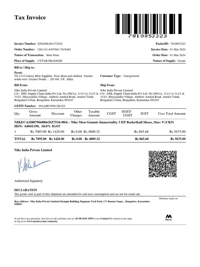 Invoice for Preeti's Nike Purchase | PDF | Taxation | Payments