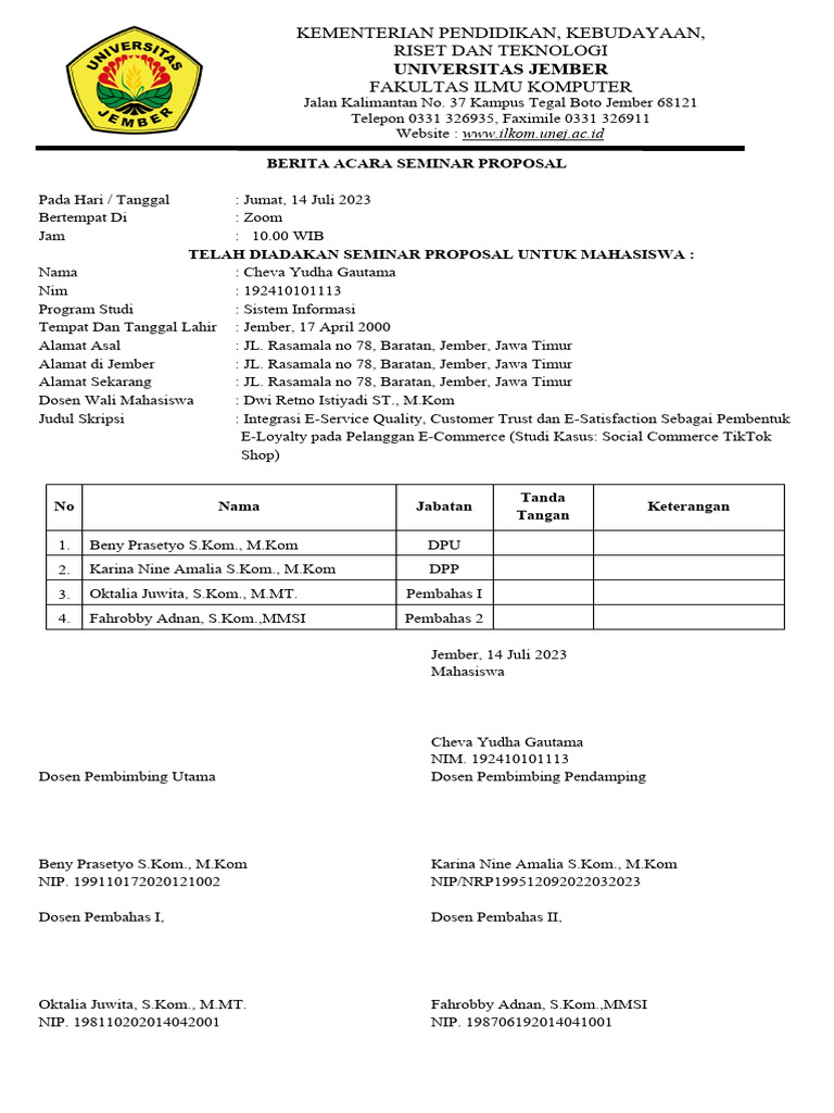 Lembar Rekomendasi Sempro | PDF