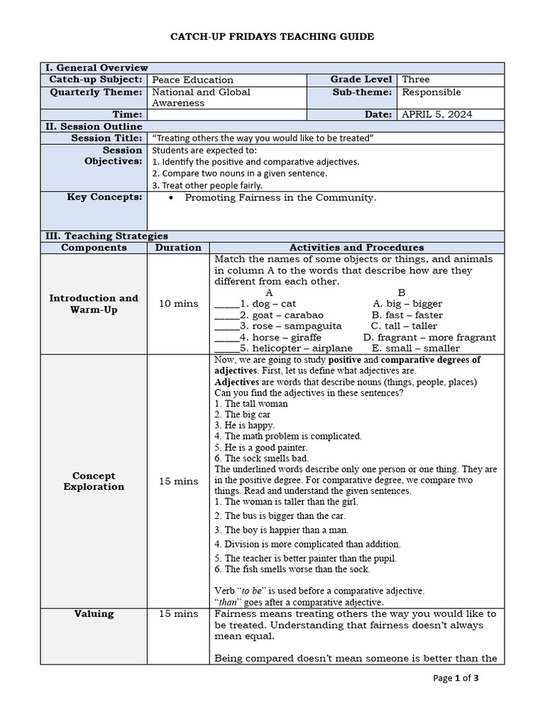 Grade 3 Peace Education Guide | PDF | Word | Adjective