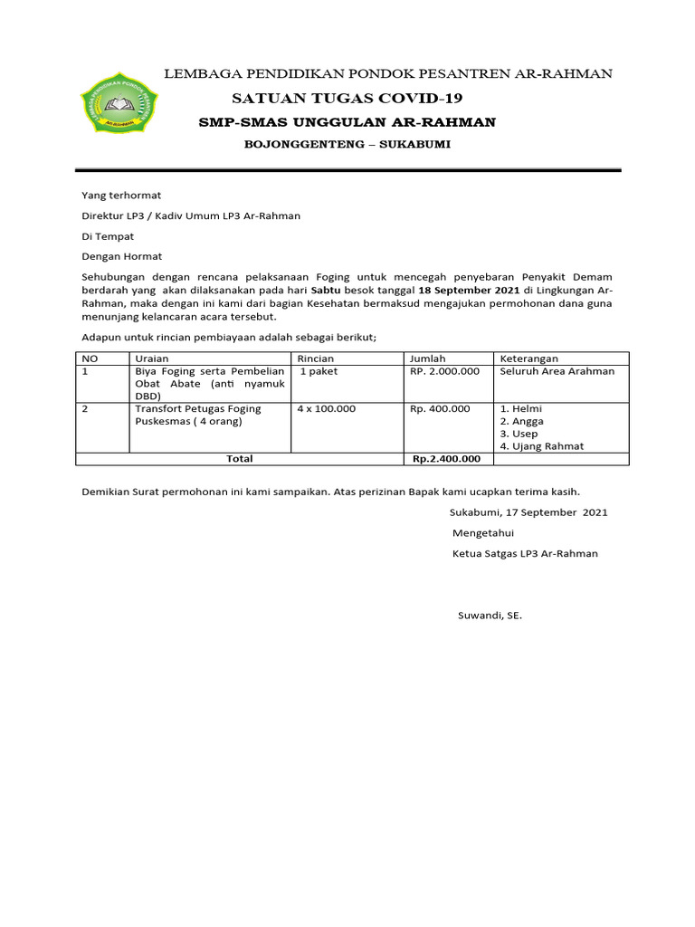Permohonan Dana Fogging DBD Ar-Rahman | PDF