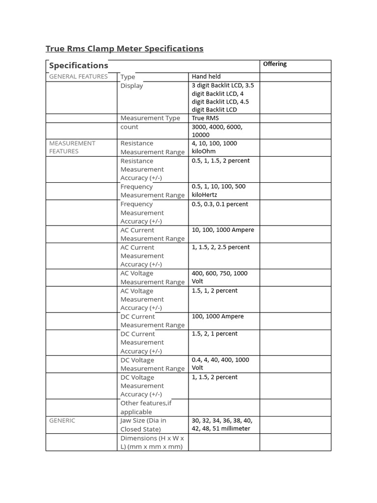 True Rms Clamp Meter Specifications | PDF | Rechargeable Battery | Electricity