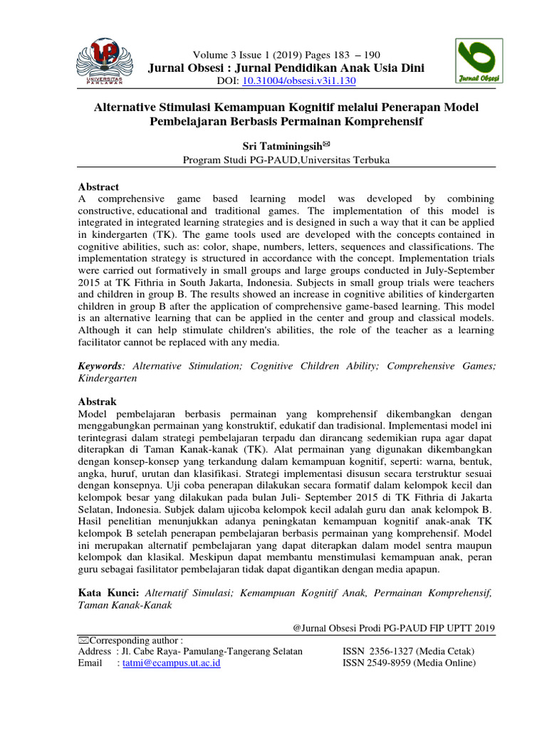 Alternative Stimulasi Kemampuan Kognitif Melalui Penerapan Model Pembelajaran Berbasis Permainan ...