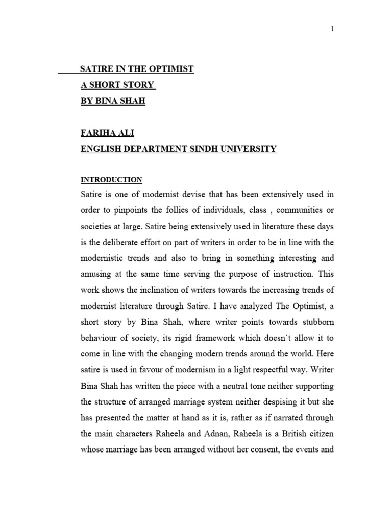 Satire in The Optimist A Short Story by | PDF | Satire | Humour