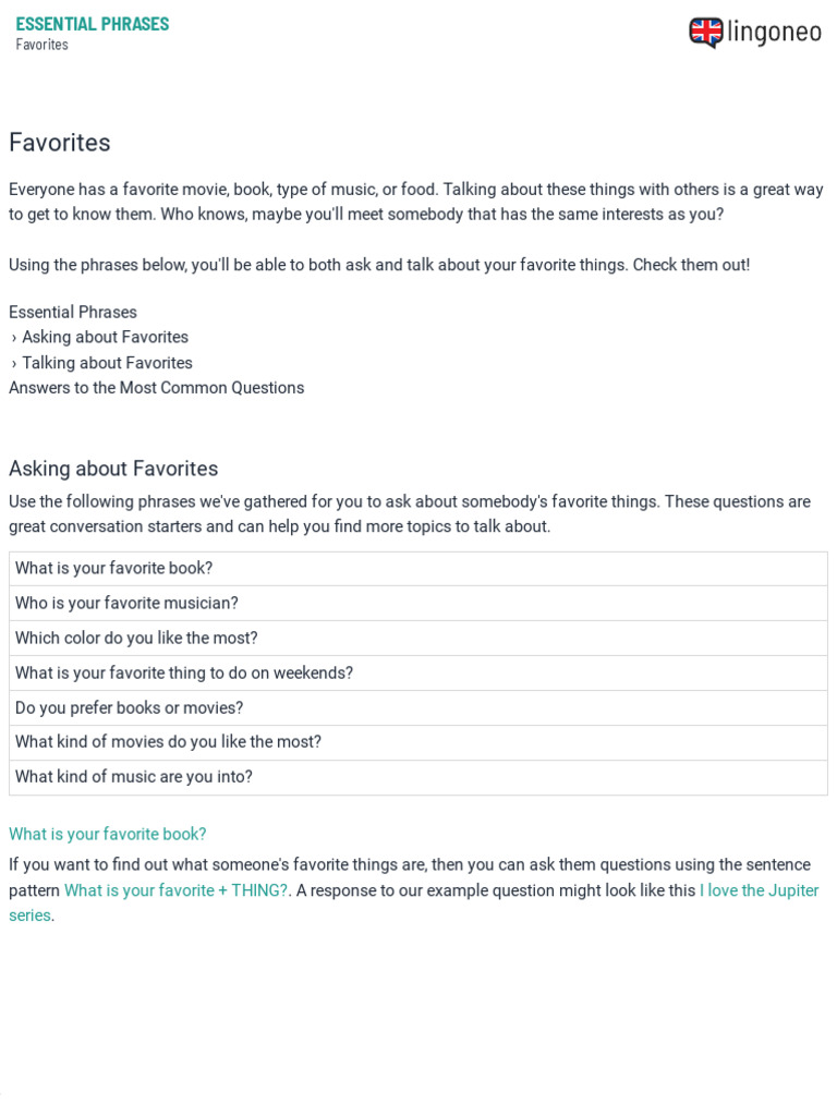 Favorites - Phrases Full Article | PDF | Question