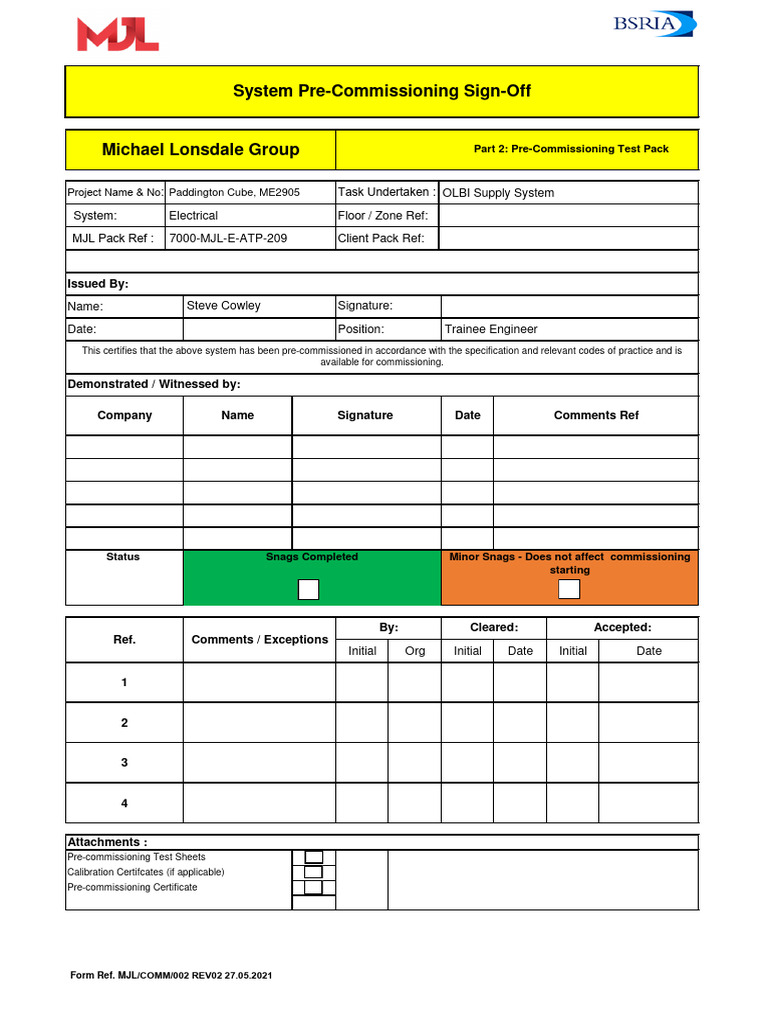 System Pre-Commissioning Sign-Off | PDF | Technology & Engineering