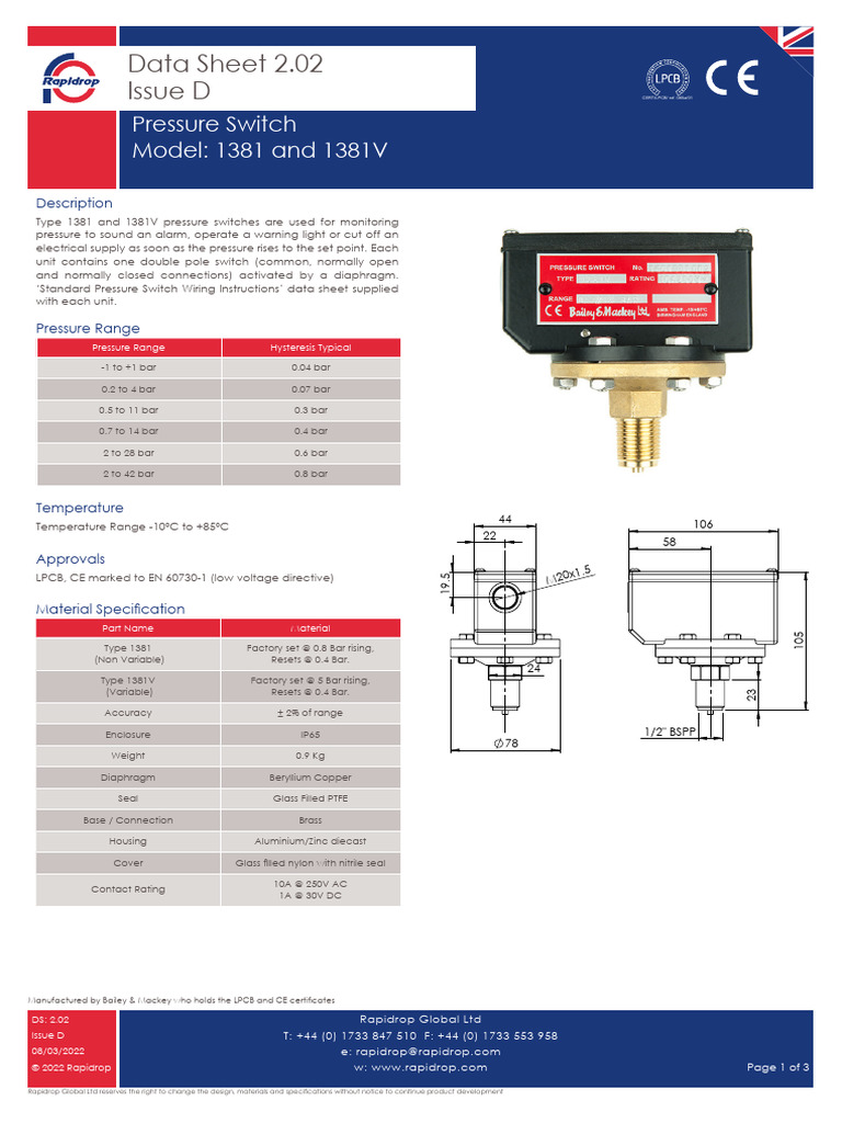 2.02 D (DS) (Type 1381, 1381V) (Pressure Switch) (LPCB, CE) | PDF ...