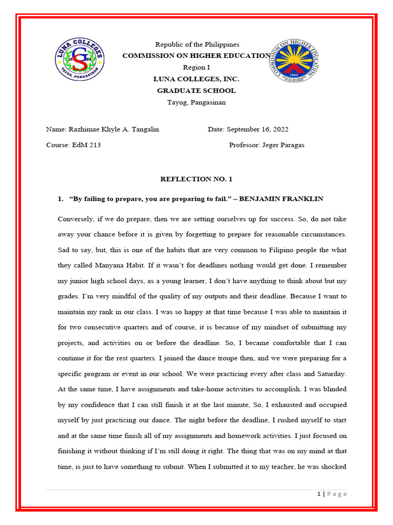 Reflection1 TANGALIN | PDF | Goal | Project Management