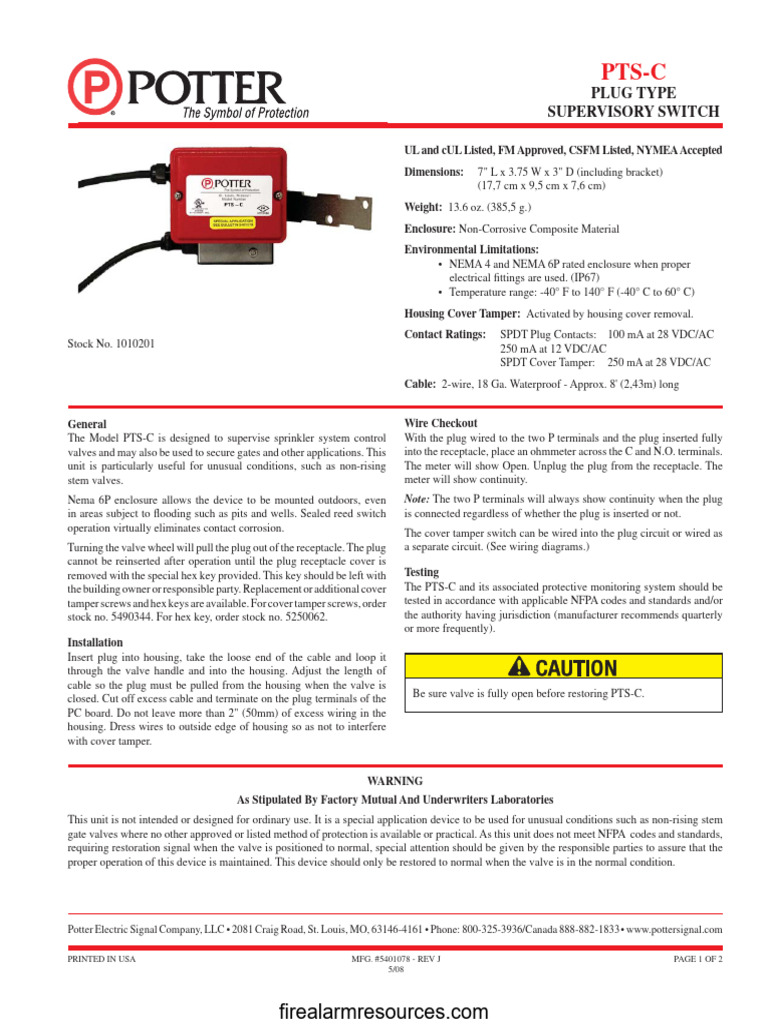 Potter Pts C Plug Type Supervisory Switch 5308916274 | PDF | Electrical ...