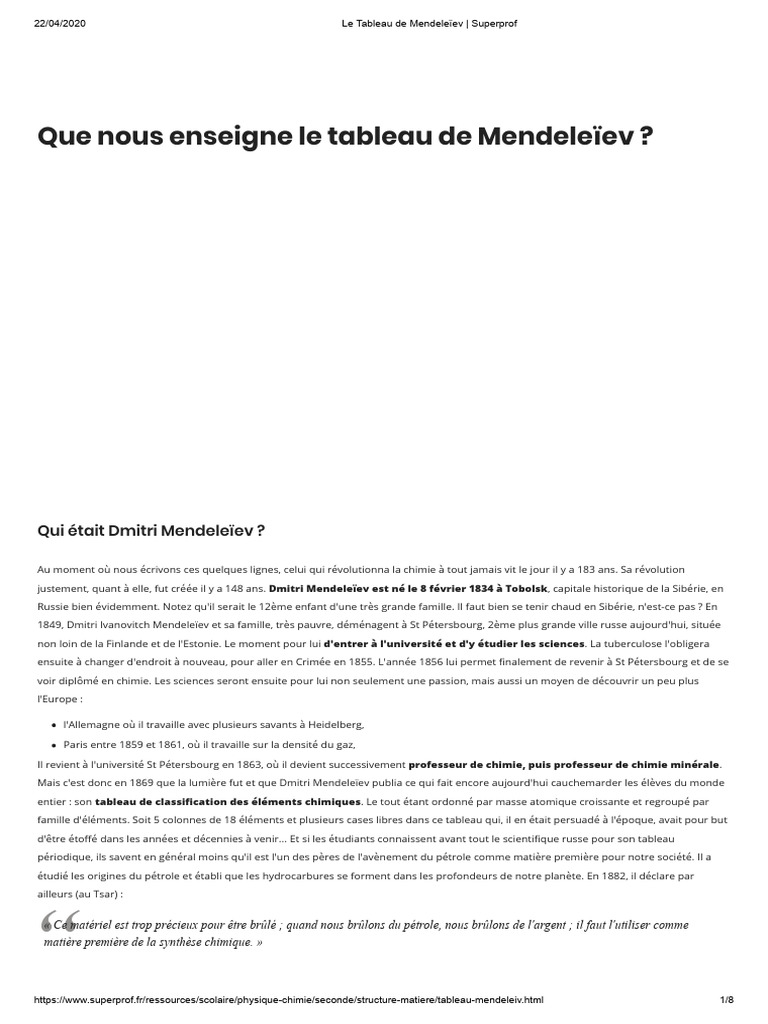 Le Tableau de Mendeleïev expliqué | PDF | Tableau périodique | Atomes